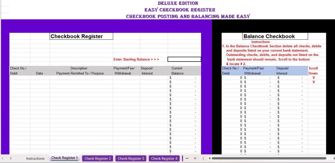 Checkbook Register, Excel Checkbook Register, Excel Spreadsheet, Excel ...