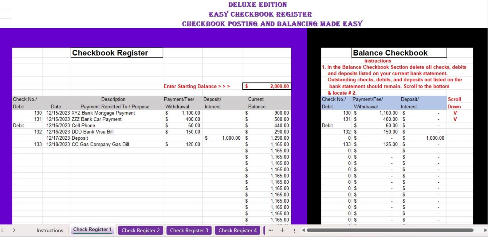 Checkbook Register, Excel Checkbook Register, Excel Spreadsheet, Excel ...
