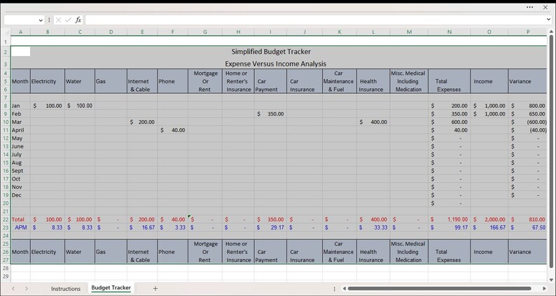 Simplified Budget Tracker, Expense Versus Income Tracking, Excel ...