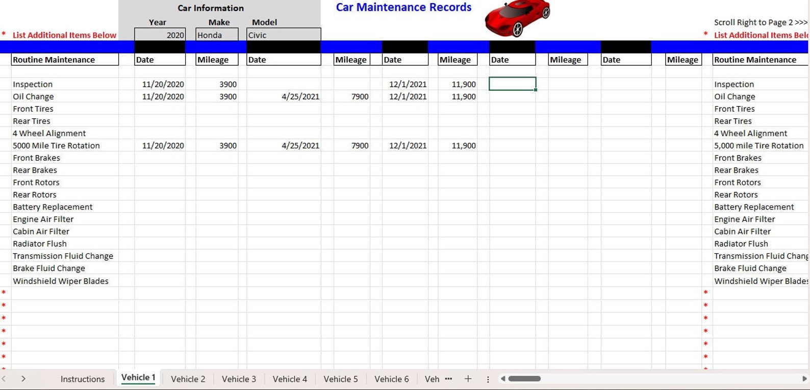 Car Maintenance Tracker, Excel Spreadsheet, Template, Auto Maintenance Tracking Free Checkbook ...