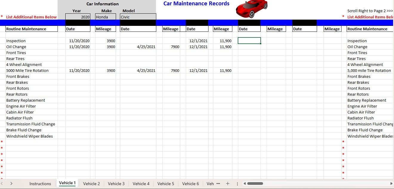 Car Maintenance Tracker, Excel Spreadsheet, Template, Auto Maintenance ...