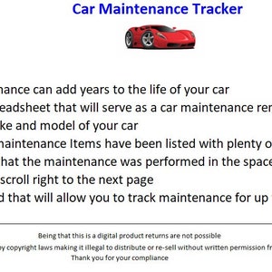 Car Maintenance Tracker, Excel Spreadsheet, Template, Auto Maintenance ...