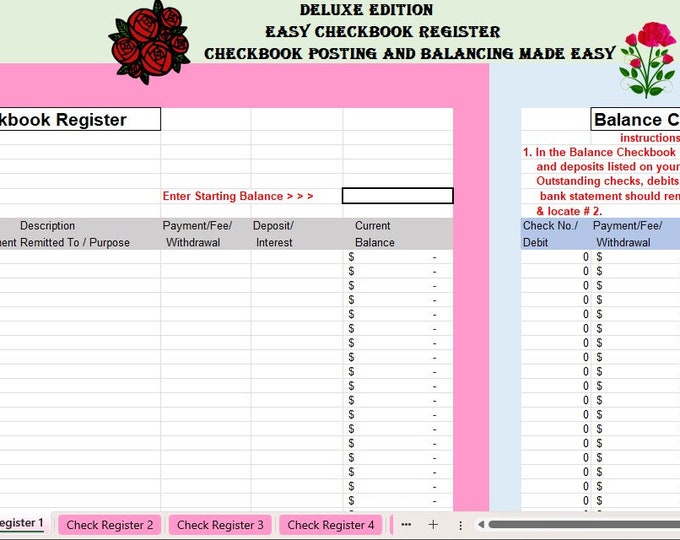 Checkbook Register, Excel Checkbook Register, Excel Spreadsheet, Excel ...