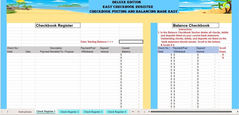 Checkbook Register, Excel Checkbook Register, Excel Spreadsheet, Excel ...