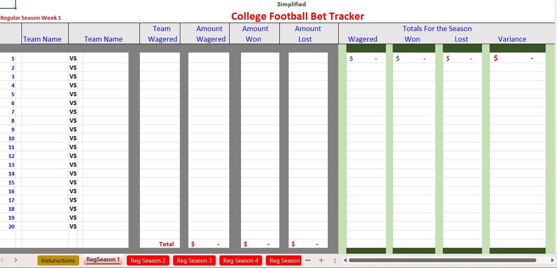 Pro Football Bet Tracker Excel Spreadsheet Excel Template - Etsy