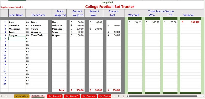 Pro Football Bet Tracker Excel Spreadsheet Excel Template - Etsy