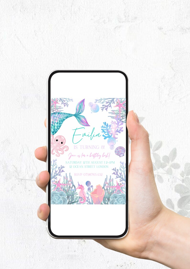 Girls Mermaid Sea Theme, Party Digital Invitation Template, Mobile ...