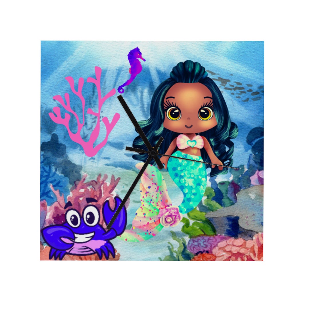 Little Mermaid Clock Custom Square Silent Scaleless Wooden Wall Clock ...