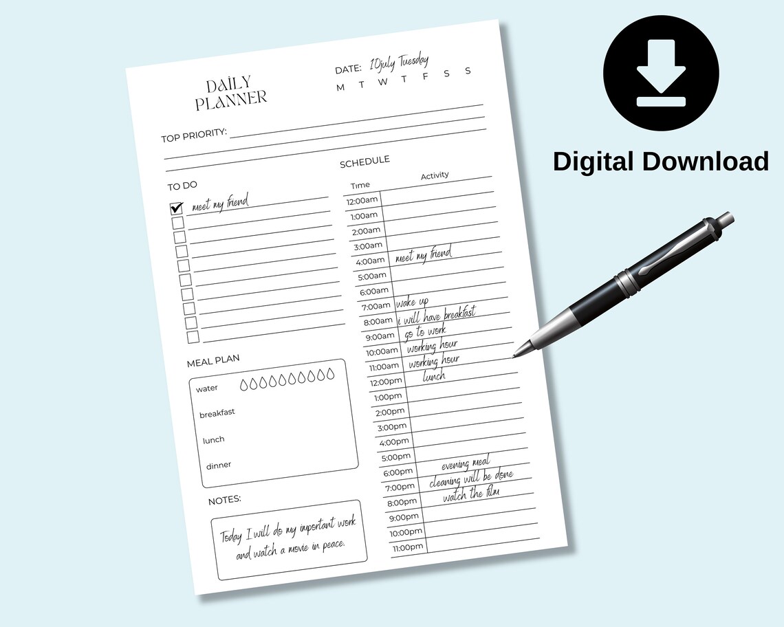 Fillable Daily Planner Printable Daily Planner Minimalist Daily Planner ...