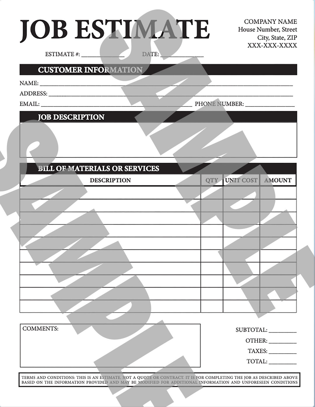 Job Estimate Template - Etsy