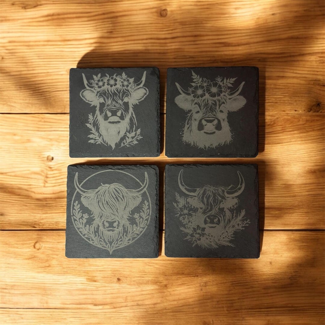 Highland Cow Slate Coasters Rustic Engraved Coaster Set, Farmhouse ...