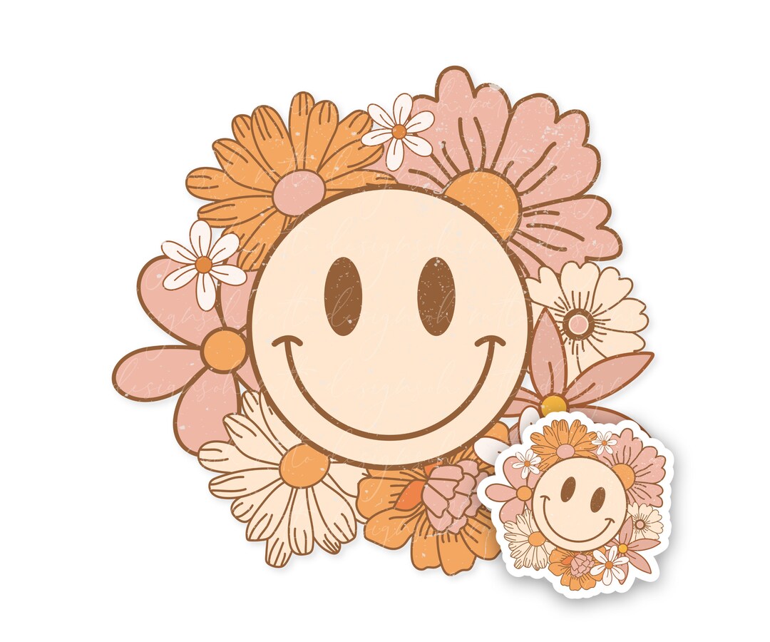 Floral Happy Face T-shirt Sticker PNG, Cute Smiling Face Distressed ...