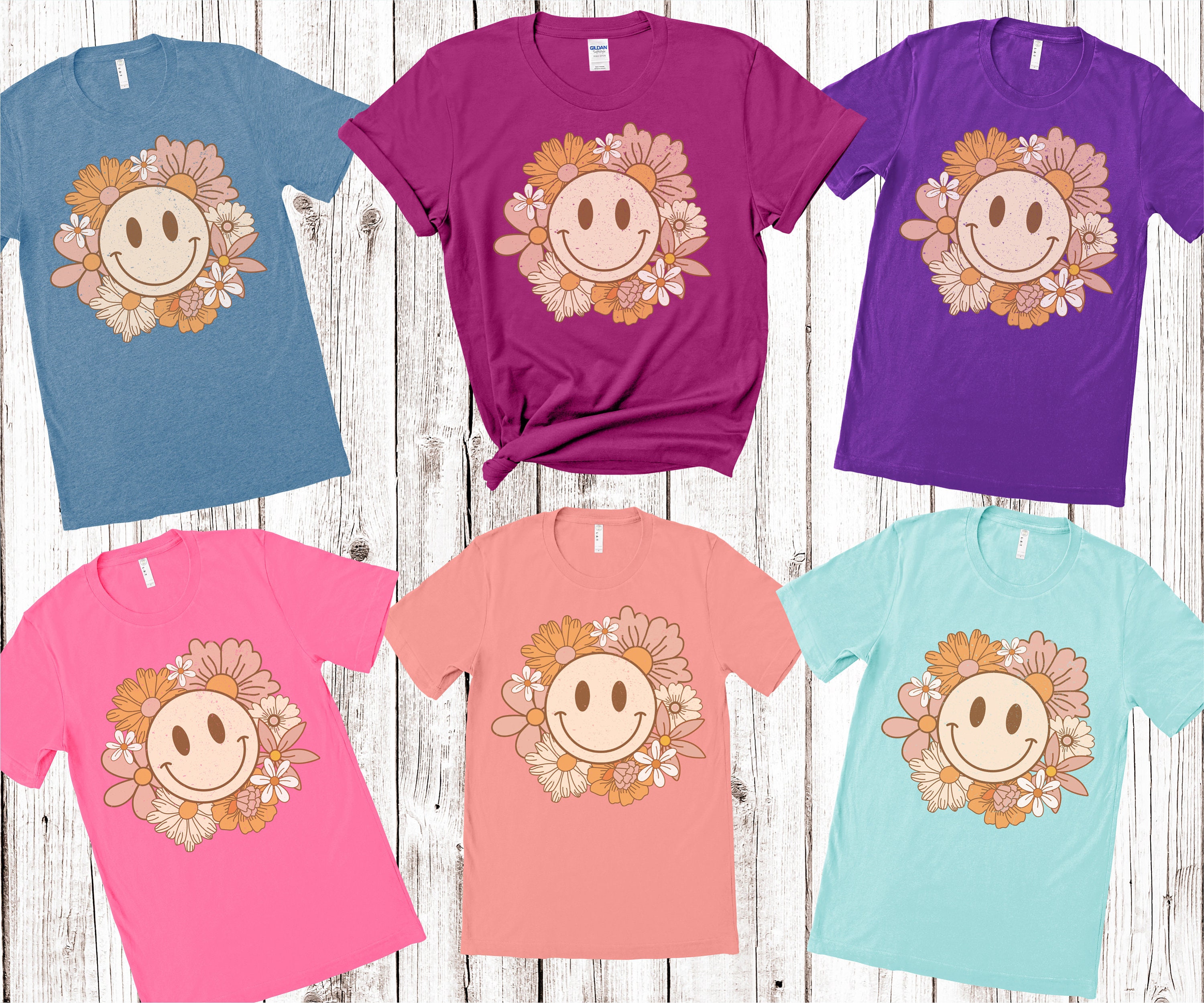 Floral Happy Face T-shirt Sticker PNG, Cute Smiling Face Distressed ...