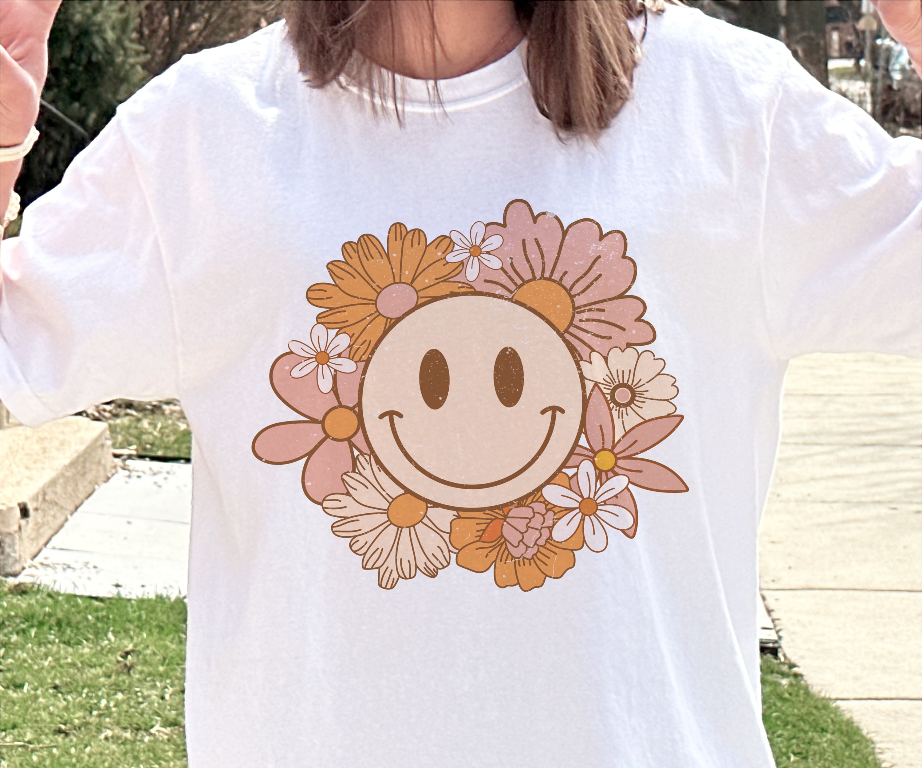 Floral Happy Face T-shirt Sticker PNG, Cute Smiling Face Distressed ...