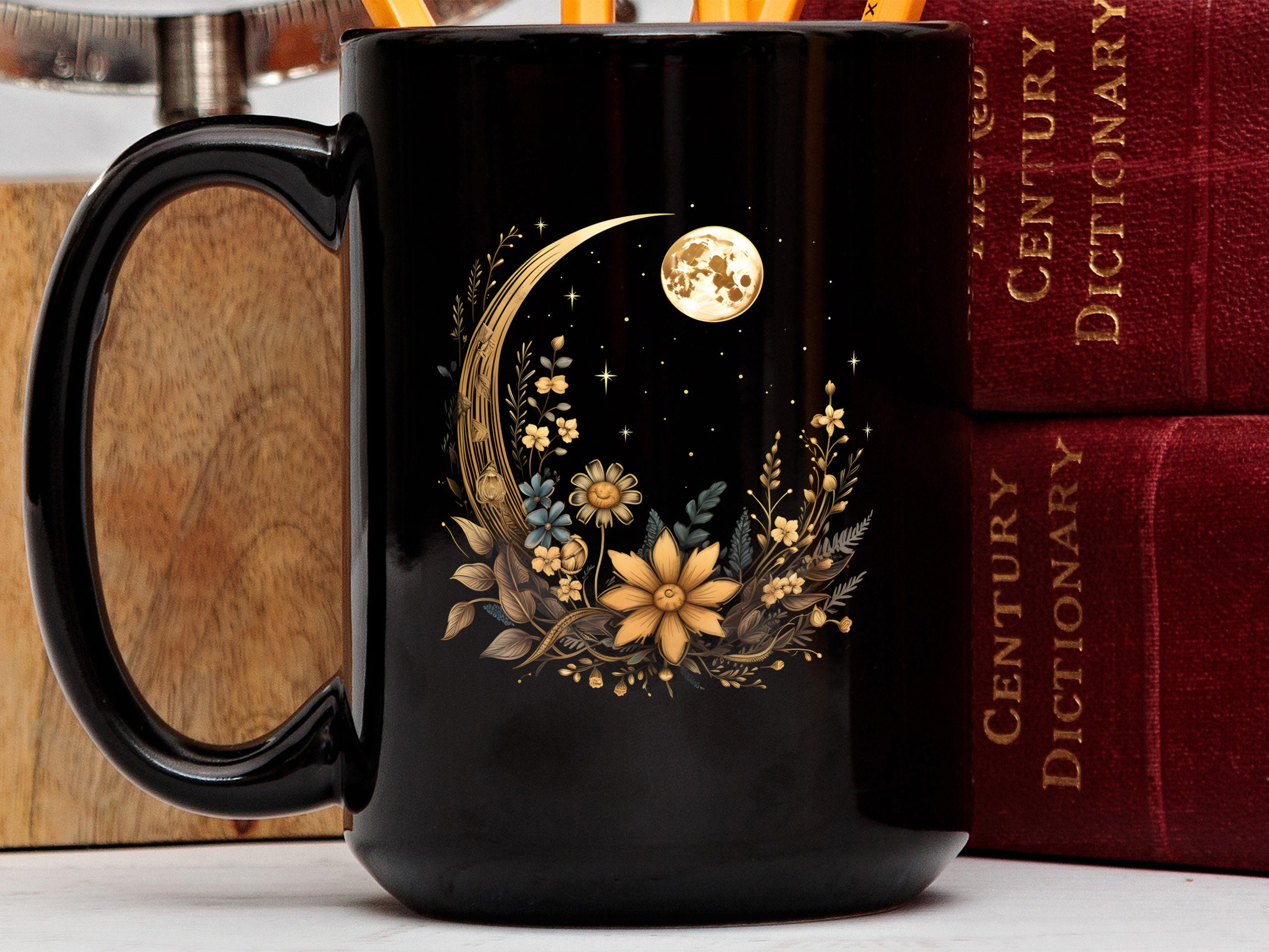 Crescent Moon and Wildflower Mandala Mug, Dark Cottagecore Mug ...