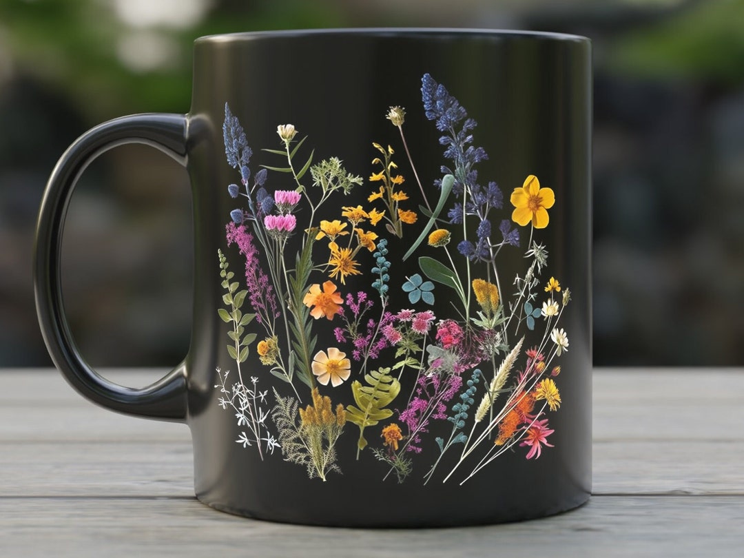 Pressed Flowers Mug, Colorful Wildflowers Cottagecore Coffee Mug ...