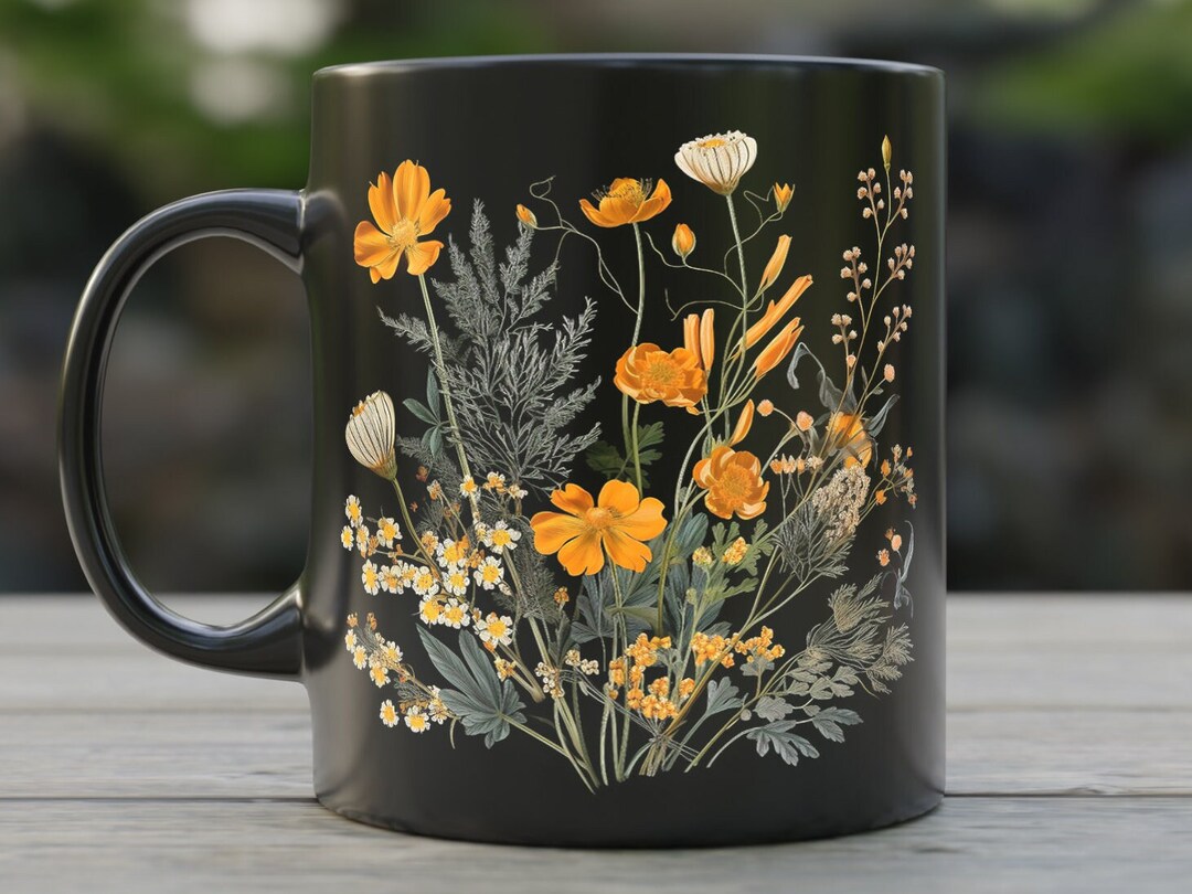 Pressed Flowers Mug, Orange Wildflowers Cottagecore Coffee Mug, Vintage ...
