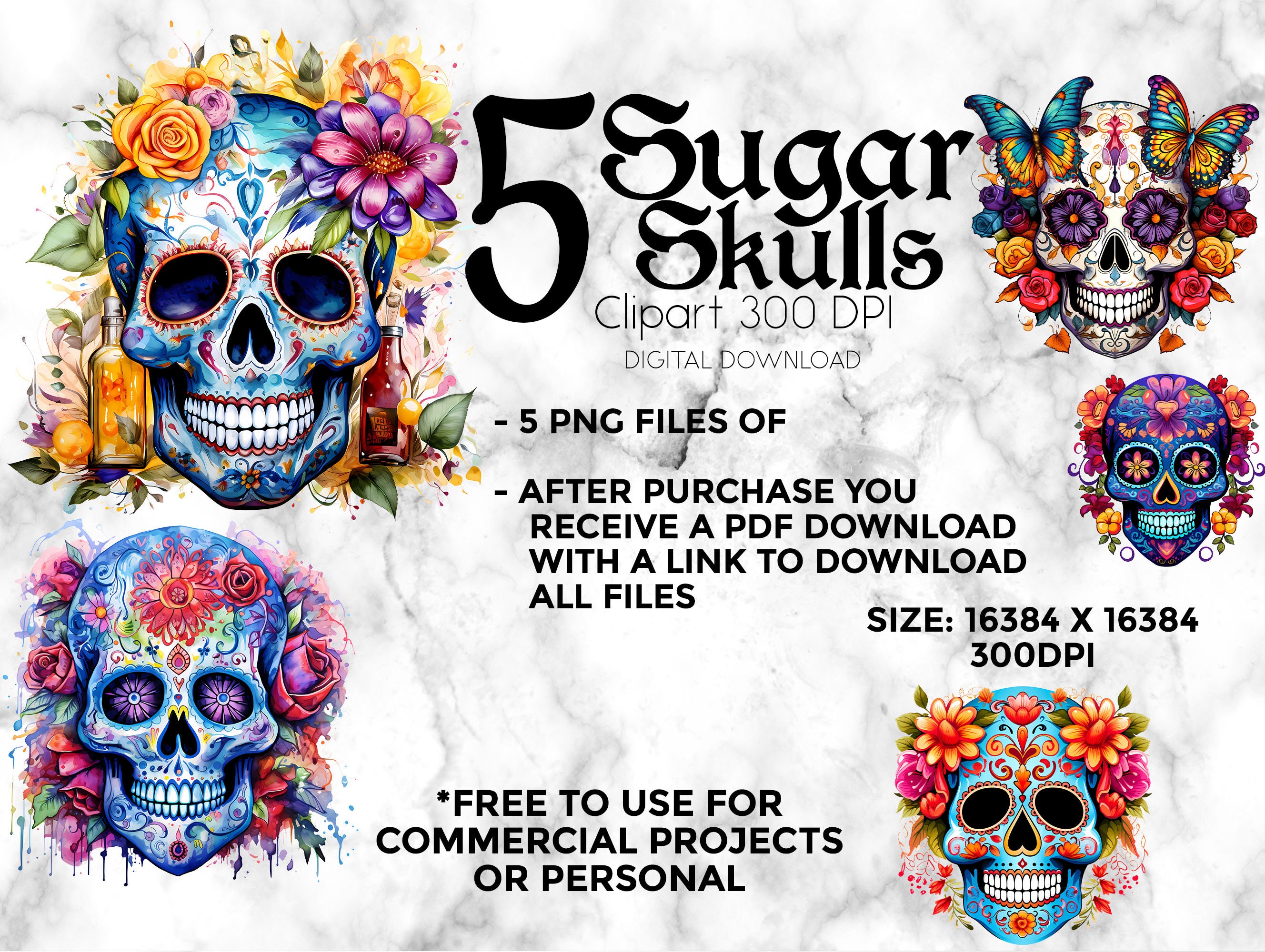 5 Sugar Skulls Digital Clipart for Crafts, Scrapbooking, and Design ...