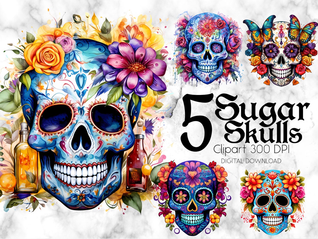 5 Sugar Skulls Digital Clipart for Crafts, Scrapbooking, and Design ...