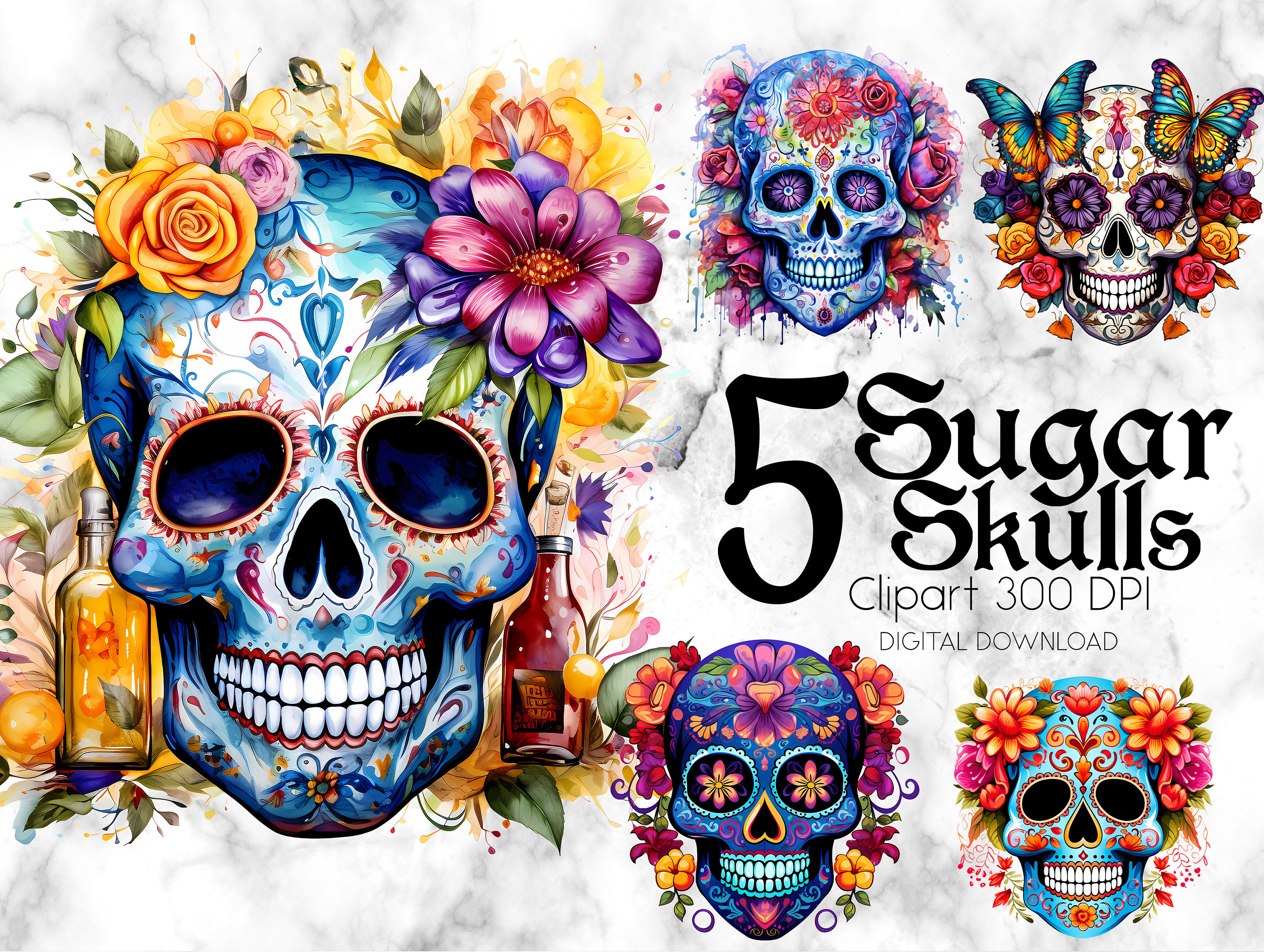 5 Sugar Skulls Digital Clipart for Crafts, Scrapbooking, and Design ...