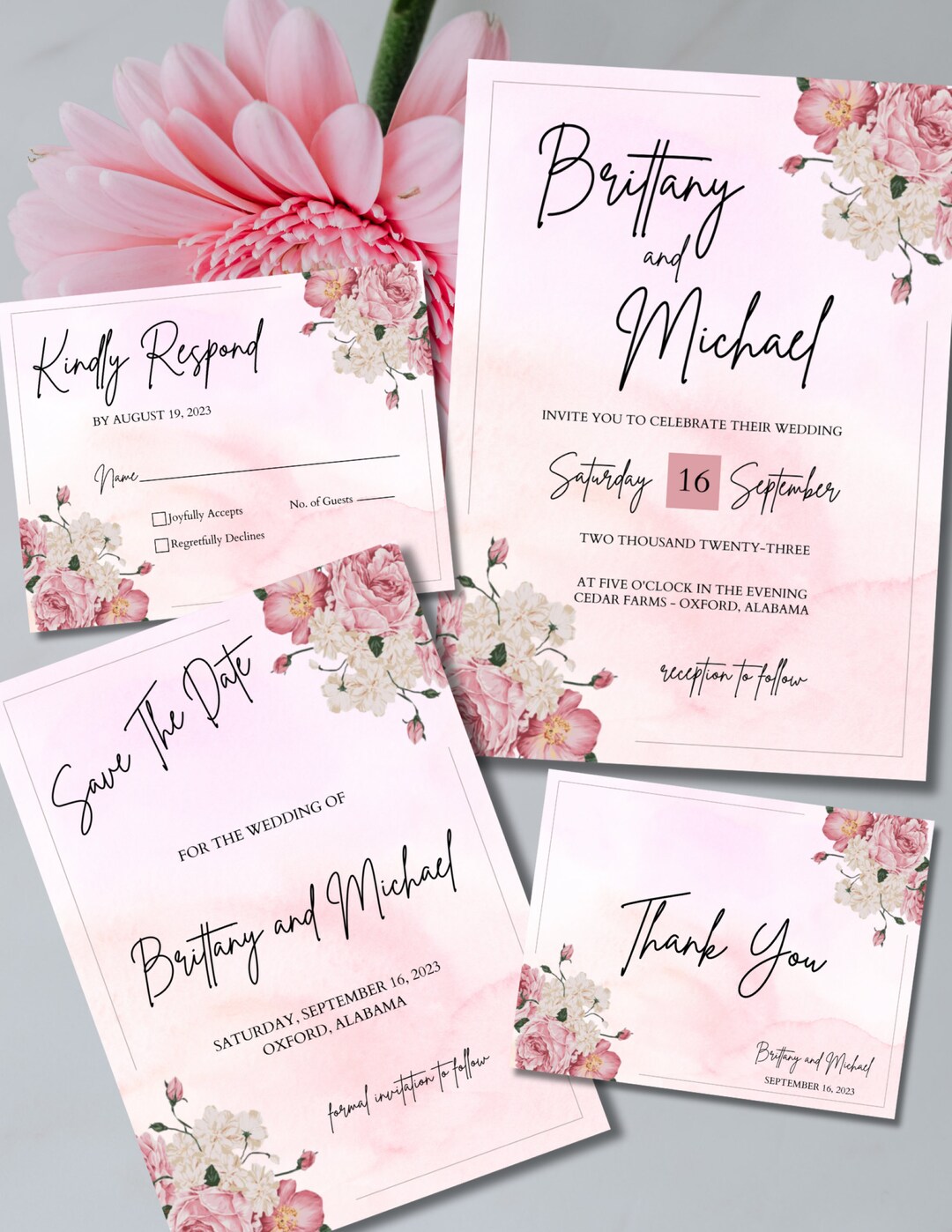 Blush Floral Wedding Invitation Template Set - DIGITAL DOWNLOAD ...