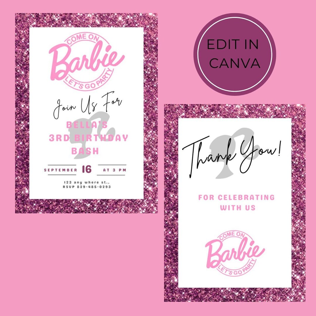 Editable Barbie Birthday Invite & Thank You Card Bundle, Digital ...