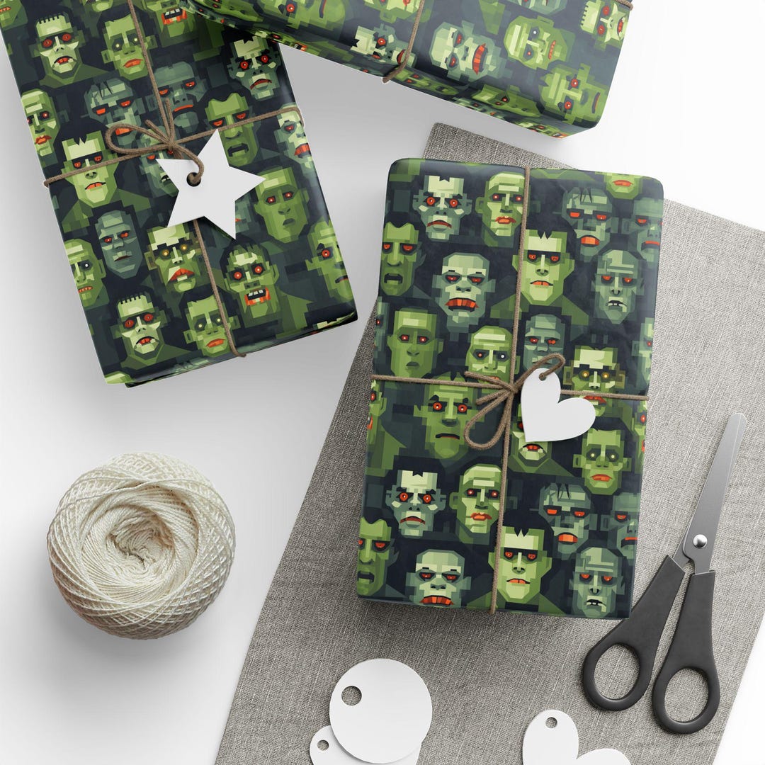 Frankenstein Gift Wrap Pixelated Halloween Wrapping Paper Retro Video ...