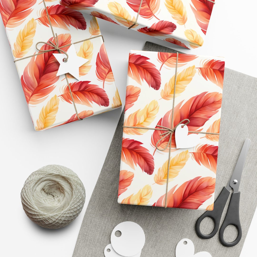 Yellow Red Feathers Design Gift Wrap Elegant Golden Gift Box Cover ...
