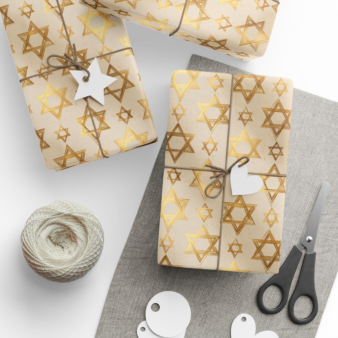 Gold Star of David Gift Wrap Cream Wrapping Paper Jewish Holiday ...