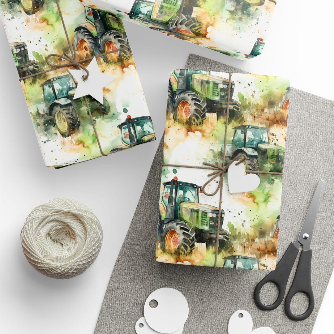 Tractor Gift Wrap Unique Watercolor Wrapping Paper Farm Green Tractor ...