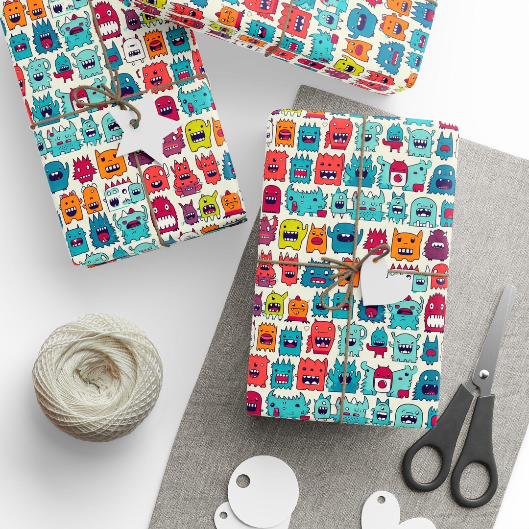 Colorful Polygon Monster Gift Wrap With Geometric Creatures on White ...