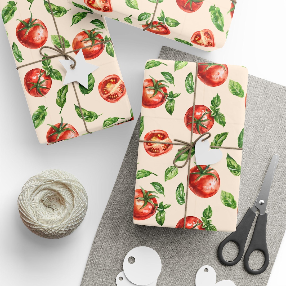 Tomato Basil Gift Wrap Rustic Kitchen Wrapping Paper Watercolor Fresh ...