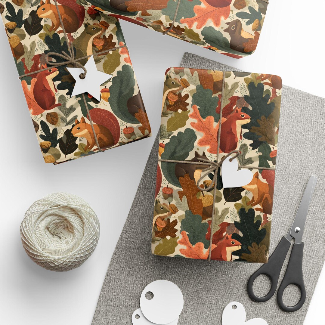 Autumn Squirrel Gift Wrap Fall Woodland Wrapping Paper Forest Animals ...