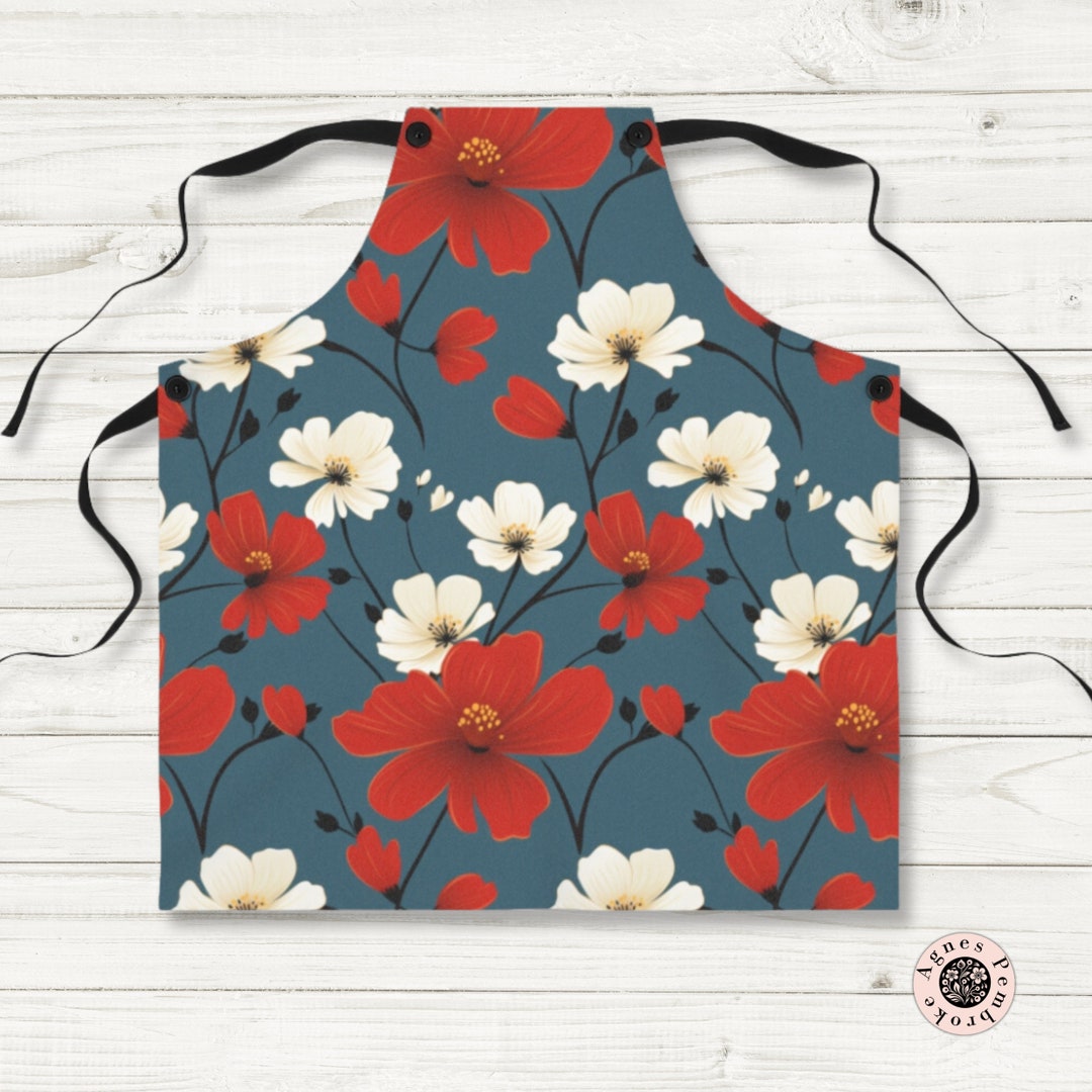 Botanical Floral Apron With Red Stock Flowers Design Cooking Apron ...