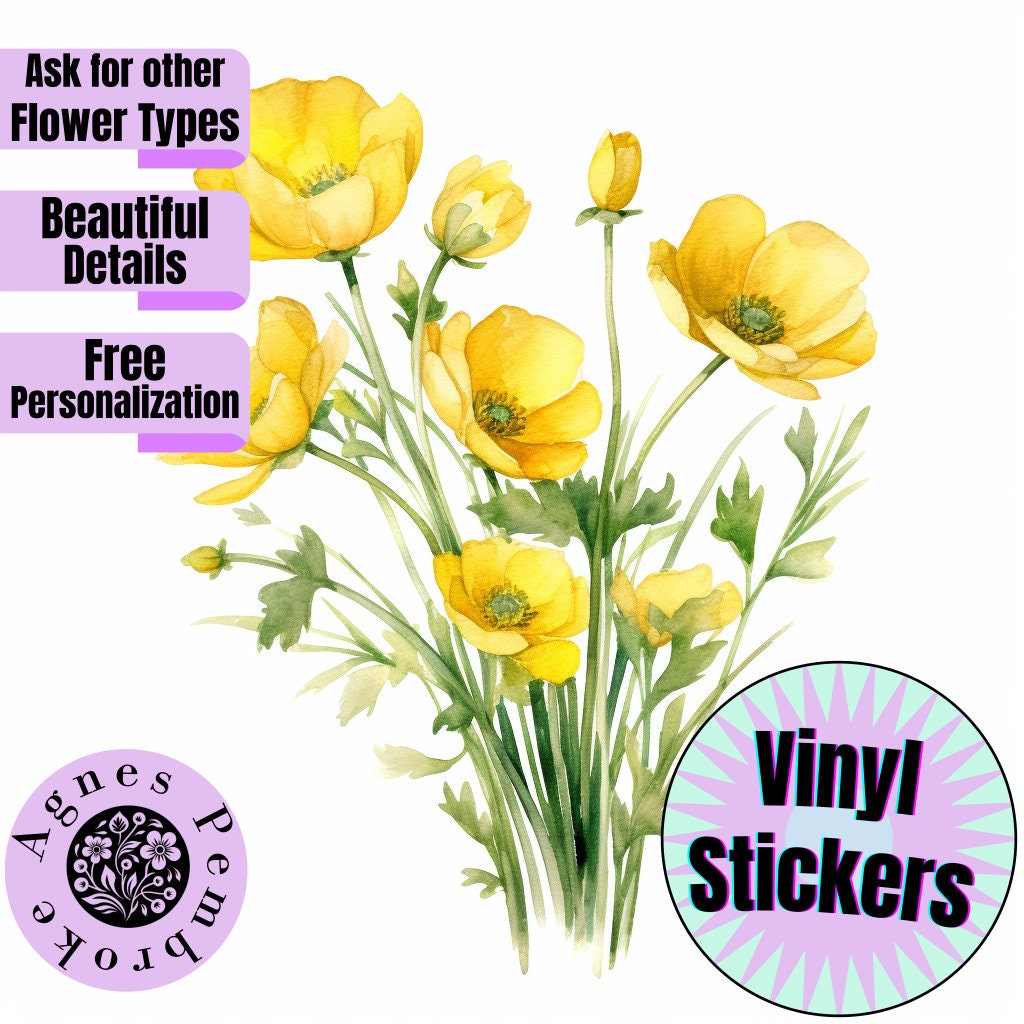 Waterproof Bottle Sticker Buttercup Flowers Design Tumbler Decal Floral ...