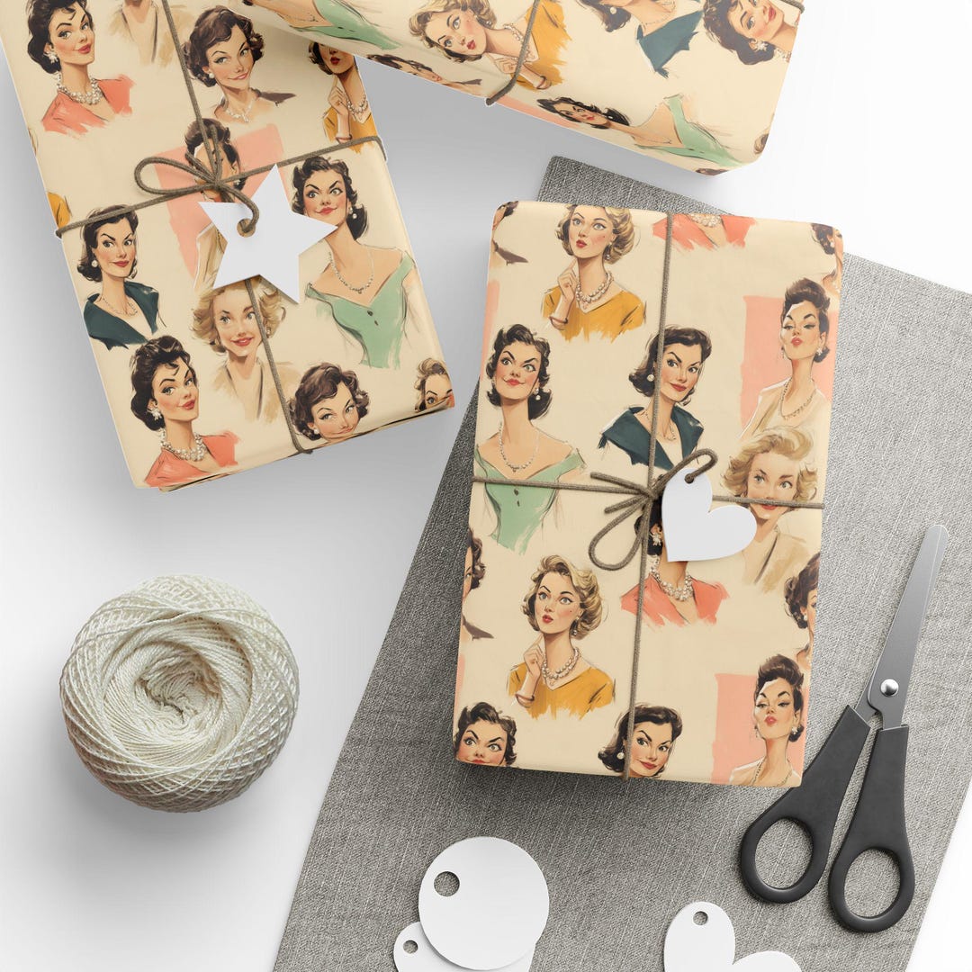 Retro Housewife Gift Wrap Expressive 1950s Women Wrapping Paper Vintage ...