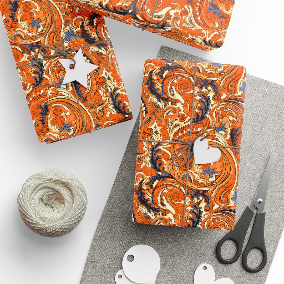 Orange Color Gift Wrapping Paper Paisley Pattern Wrap Sheet Vintage ...