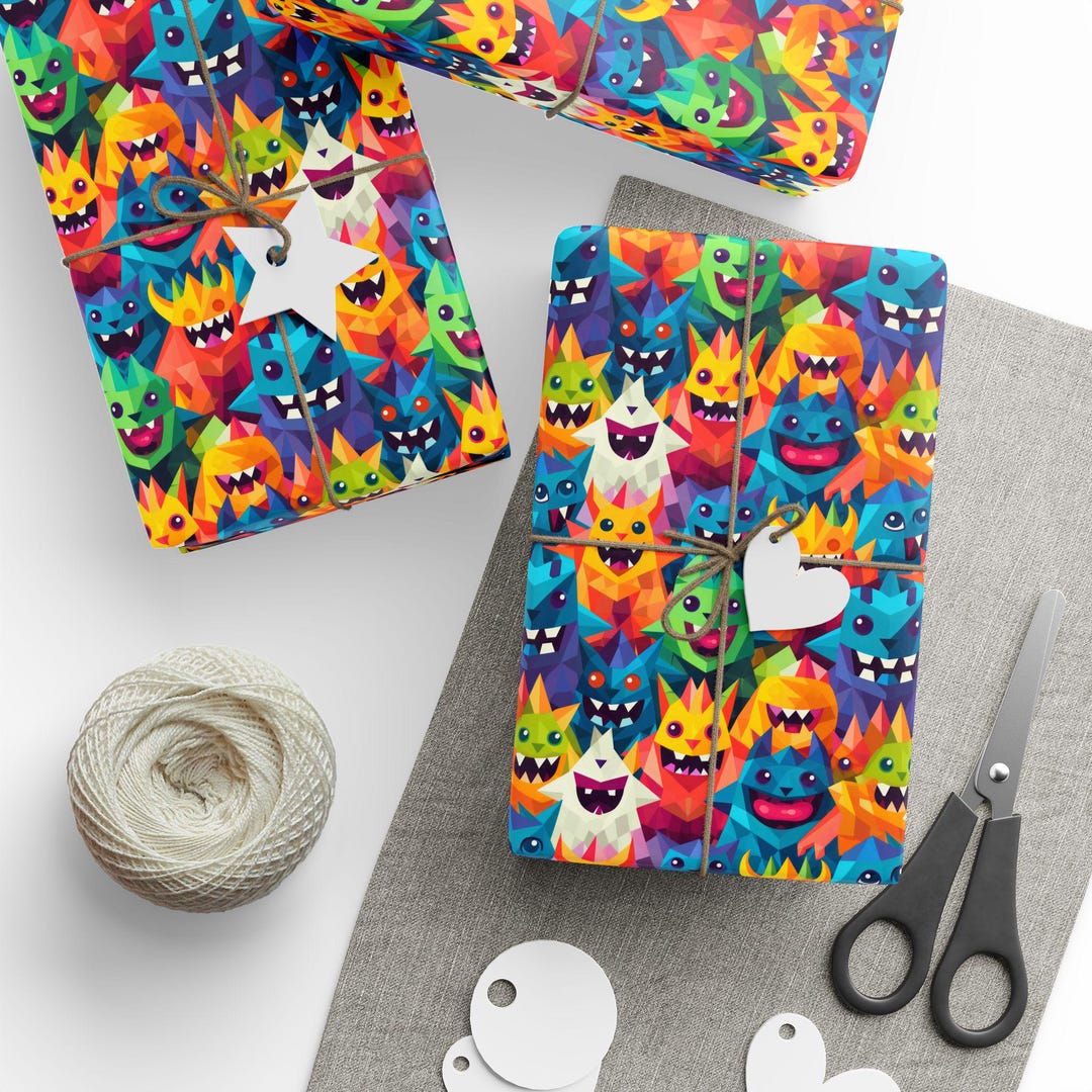 Polygon Monster Gift Wrapping Paper Colorful Geometric Creature Design ...
