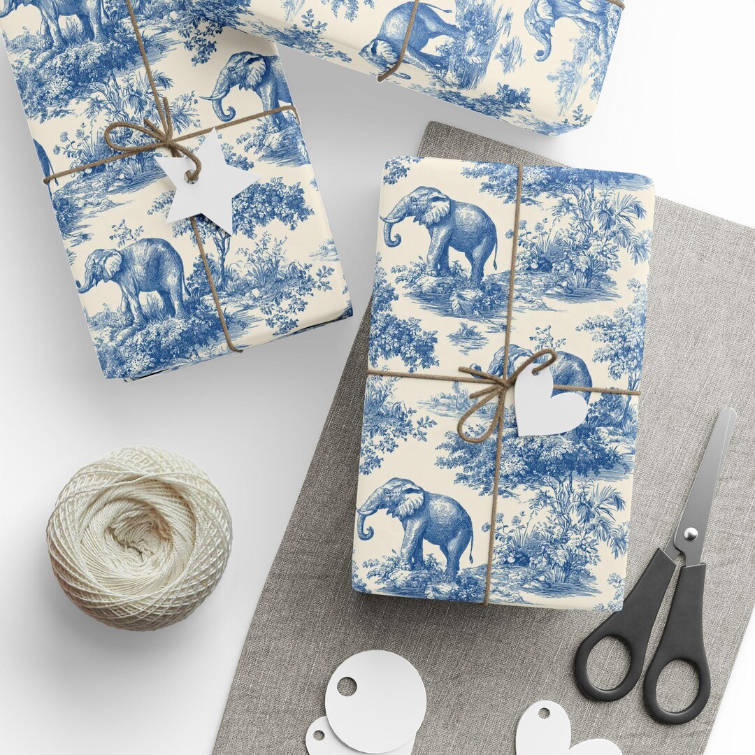 Elephant Toile Gift Wrap Blue Vintage Wrapping Paper With Elegant ...