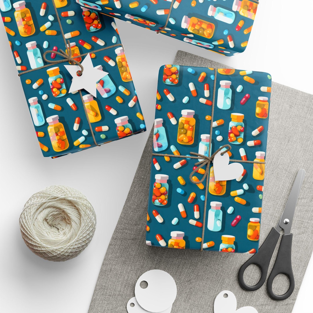 Prescription Gift Wrap Medicine Pattern Wrapping Paper Roll Colorful ...