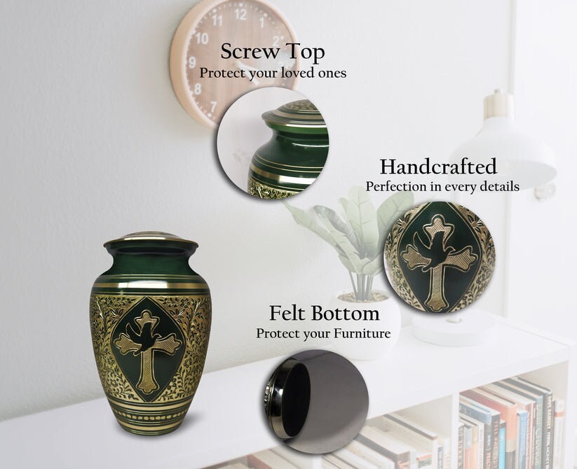 Handmade Green Cremation Urn Beautiful Ashes Cross Engraved Urn Adult ...