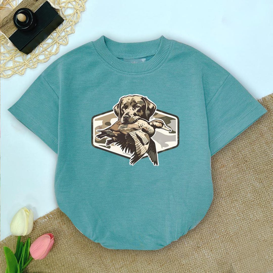 Camo Hunting Dog With Duck Baby Romper, Boys Hunting Outfit, Labrador ...