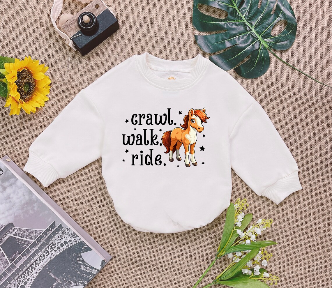 Crawl, Walk, Ride Horseback Baby Romper Sweatshirt, Horse Baby Romper ...