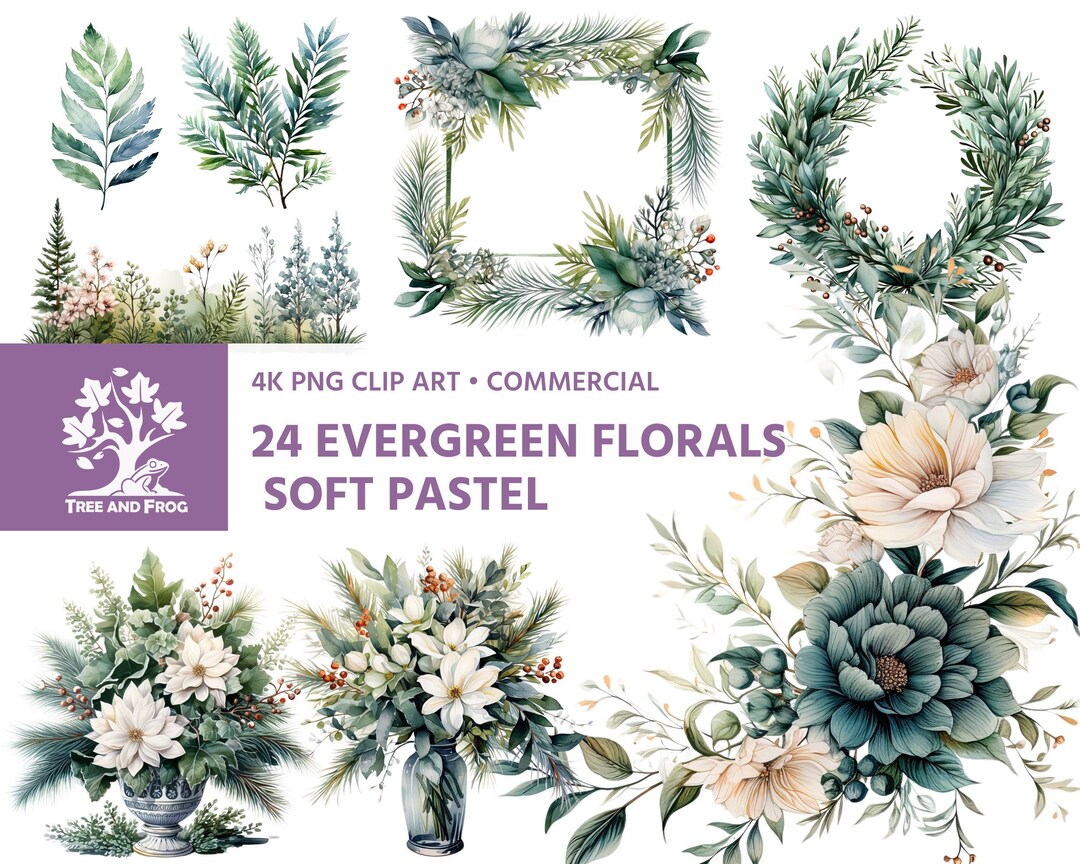 24 PNG Evergreen Soft Pastel Florals Clipart Frame Boho - Etsy