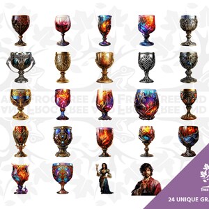 24 PNG Fantasy Goblets Clipart Wine Glass Silver Gold Pewter Medieval Crystal Wood Watercolor ...