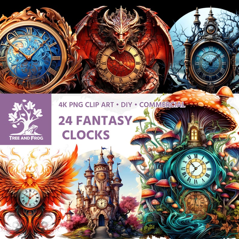 24 PNG Fantasy Clocks Clipart Steampunk Fairy Tale Dragon - Etsy