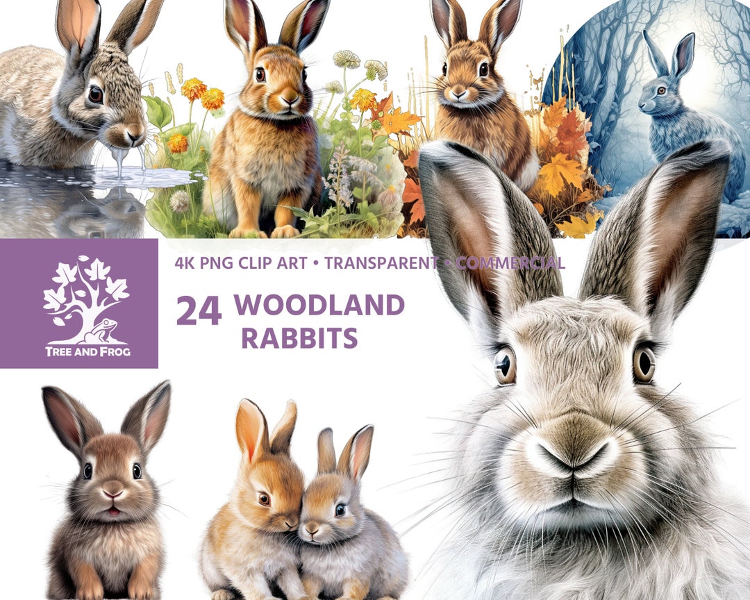 24 PNG Woodland Rabbits Clipart Cute and Baby Bunny Animal Watercolor ...