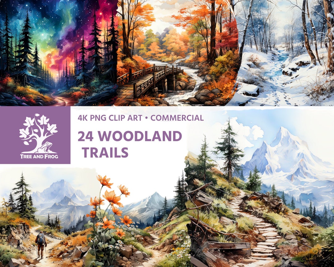 24 PNG Woodland Trails Clipart Scene Hiker Cabin Canoe Bridge Inukshuk ...