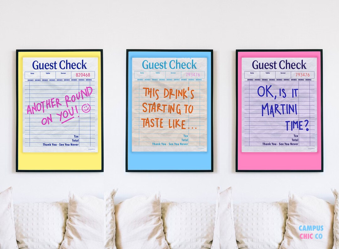 Guest Check Wall Art Set of 3: Colorful Apartment College Decor Poster ...