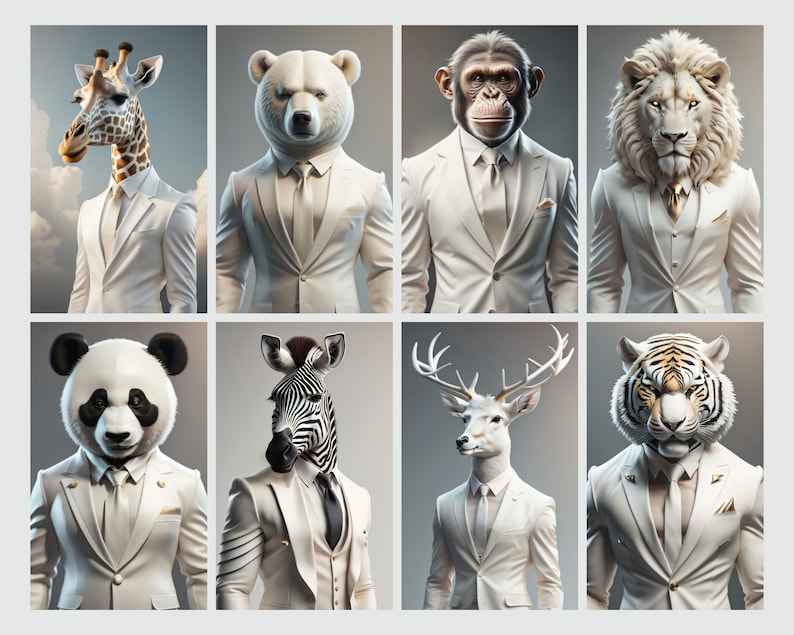 8 Animals in White Suit PRINTABLE ART Giraffe Lion Panda Tiger Elephant ...